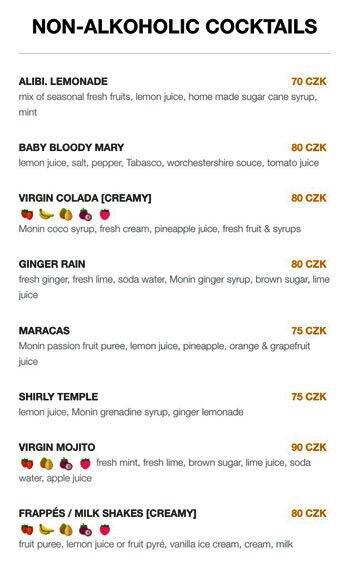 Menu at ALIBI. cocktail&music bar Praha, Prague