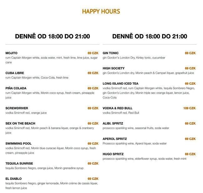 Menu at ALIBI. cocktail&music bar Praha, Prague
