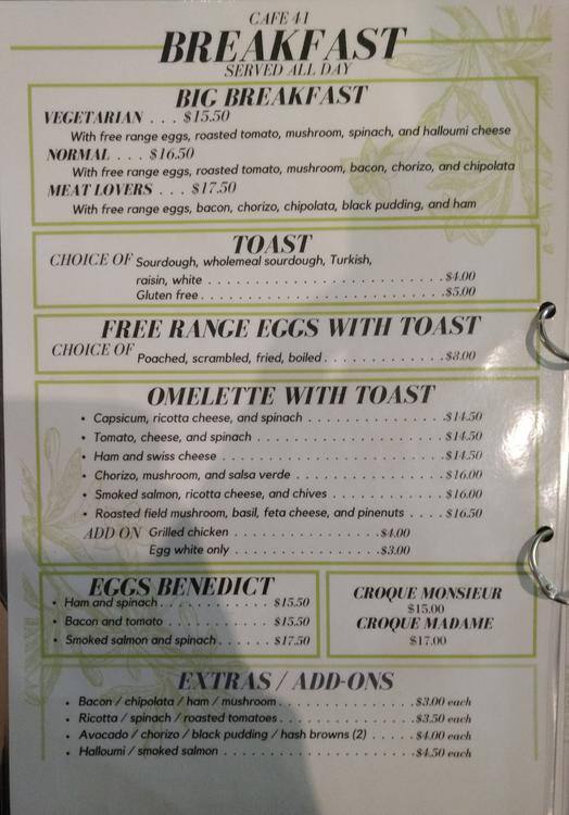 Menu at Cafe 41 on Penshurst, Penshurst