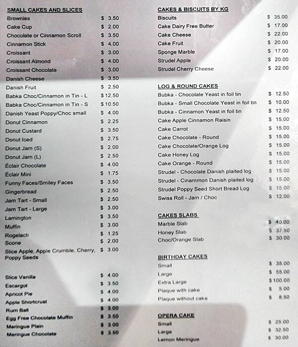 Menu at Glicks Caulfield South restaurant, Caulfield South