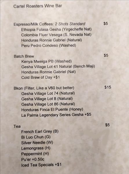 Menu at Cartel Coffee Roasters cafe, Melbourne