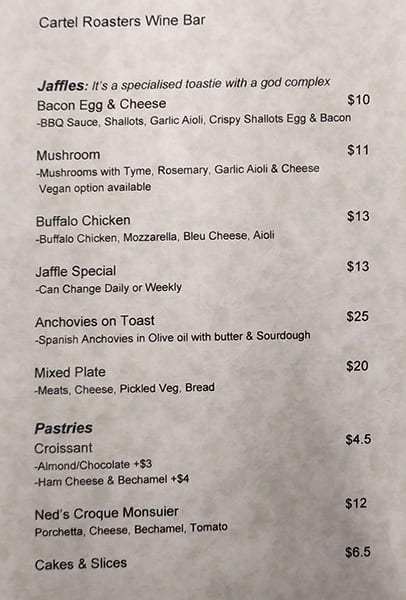 Menu at Cartel Coffee Roasters cafe, Melbourne