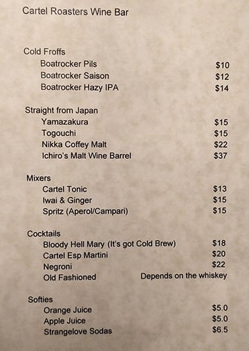 Menu at Cartel Coffee Roasters cafe, Melbourne