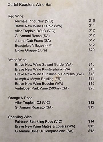 Menu at Cartel Coffee Roasters cafe, Melbourne