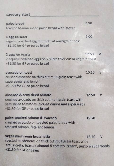 Menu at Manna Wholefoods cafe, South Fremantle