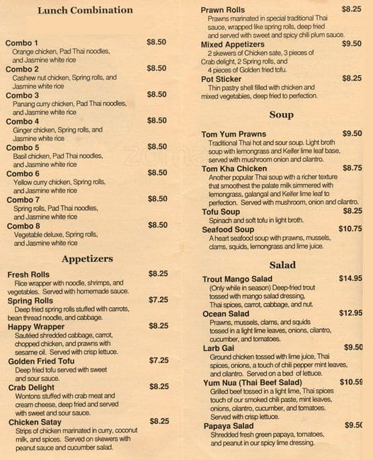 Menu at Hanuman Thai Cafe, Kirkland