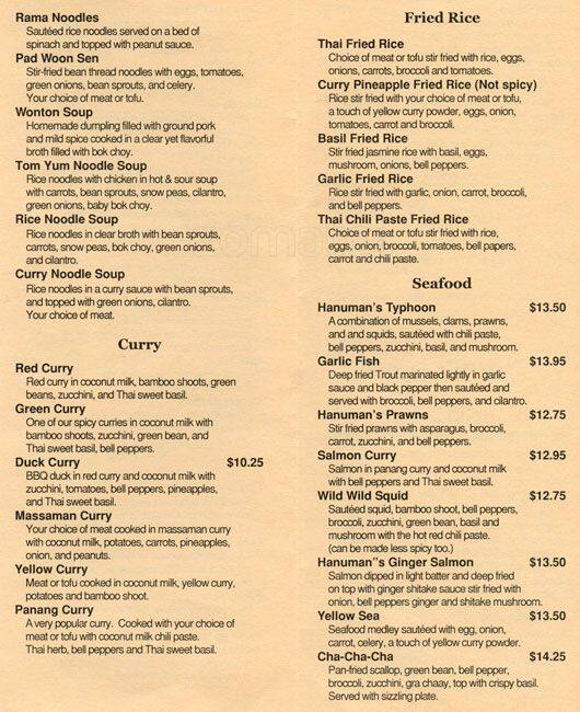 Menu at Hanuman Thai Cafe, Kirkland