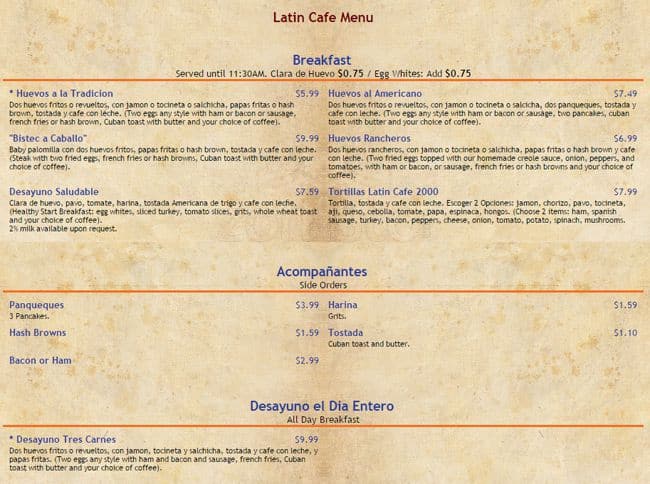 Latin Cafe 2000 Menu, Menu for Latin Cafe 2000, Hialeah, Miami ...