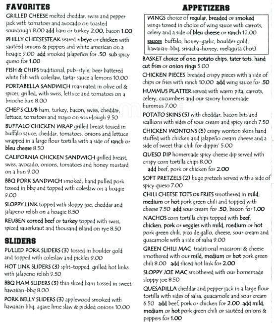 Menu at College Inn pub & bar, Denver