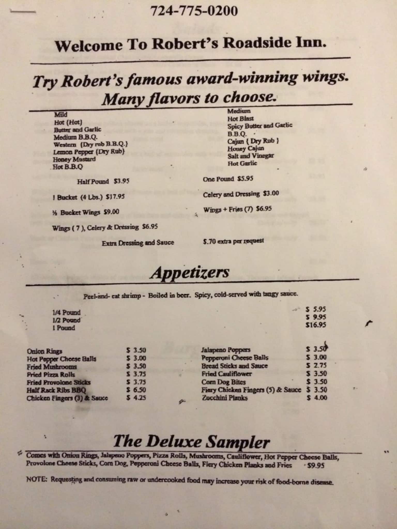 Menu at Robert's Roadside Inn restaurant, Beaver