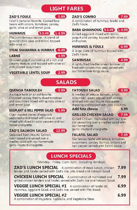 Menu at Zad restaurant, Skokie, Dempster St
