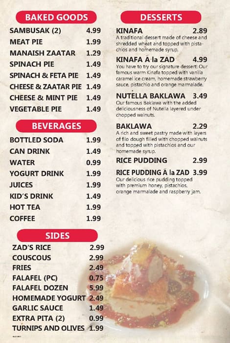 Menu at Zad restaurant, Skokie, Dempster St