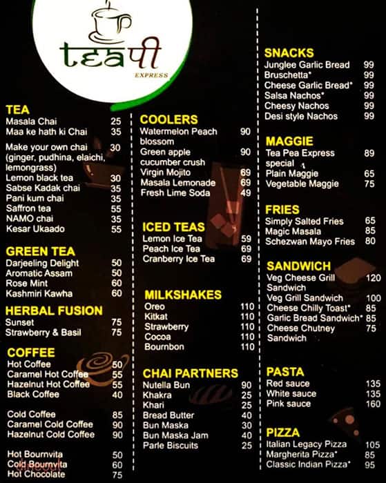Menu at Tea pea express, Mumbai, 6R2X+87M