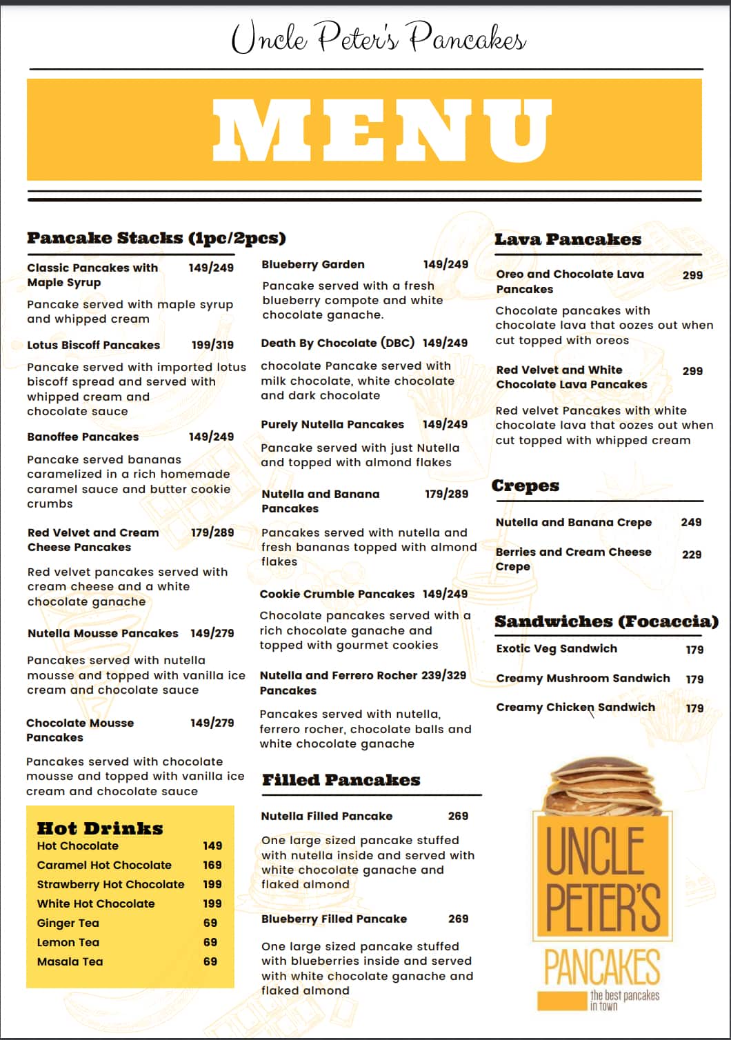 Menu of Uncle Peters Pan Cake, Civil Lines, Raipur