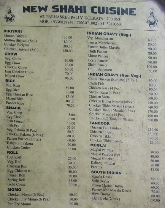 Menu at New Shahi Cuisine, Kolkata, 72/1 Parnasree Pally
