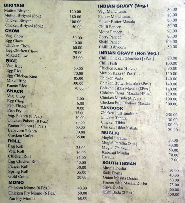 Menu at New Shahi Cuisine, Kolkata, 72/1 Parnasree Pally