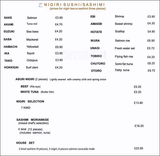 Menu at Kappa restaurant, London