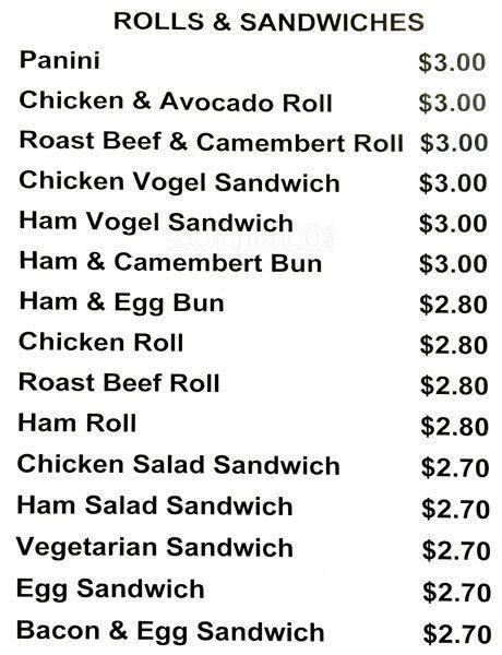 Menu at Vienna Bakery, Auckland, 30 Union Rd