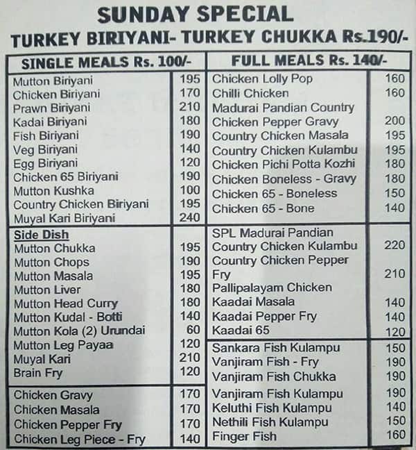 Menu of Madurai Pandian Mess, Royapettah, Chennai