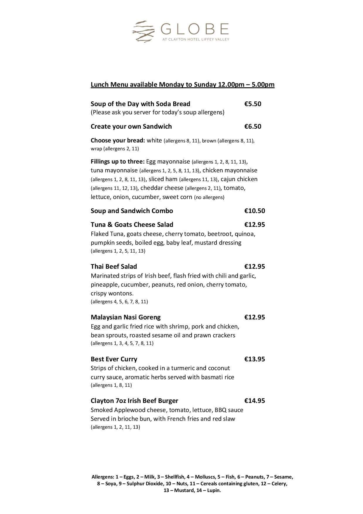 Menu at Clayton Hotel Liffey Valley pub & bar, Clondalkin