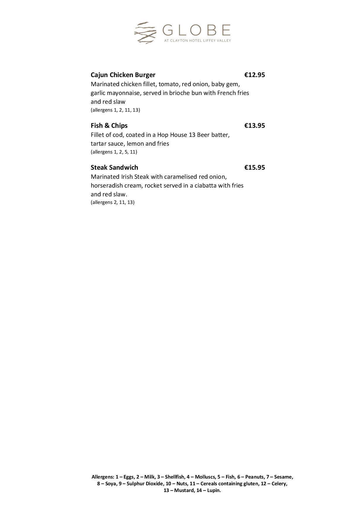 Menu at Clayton Hotel Liffey Valley pub & bar, Clondalkin