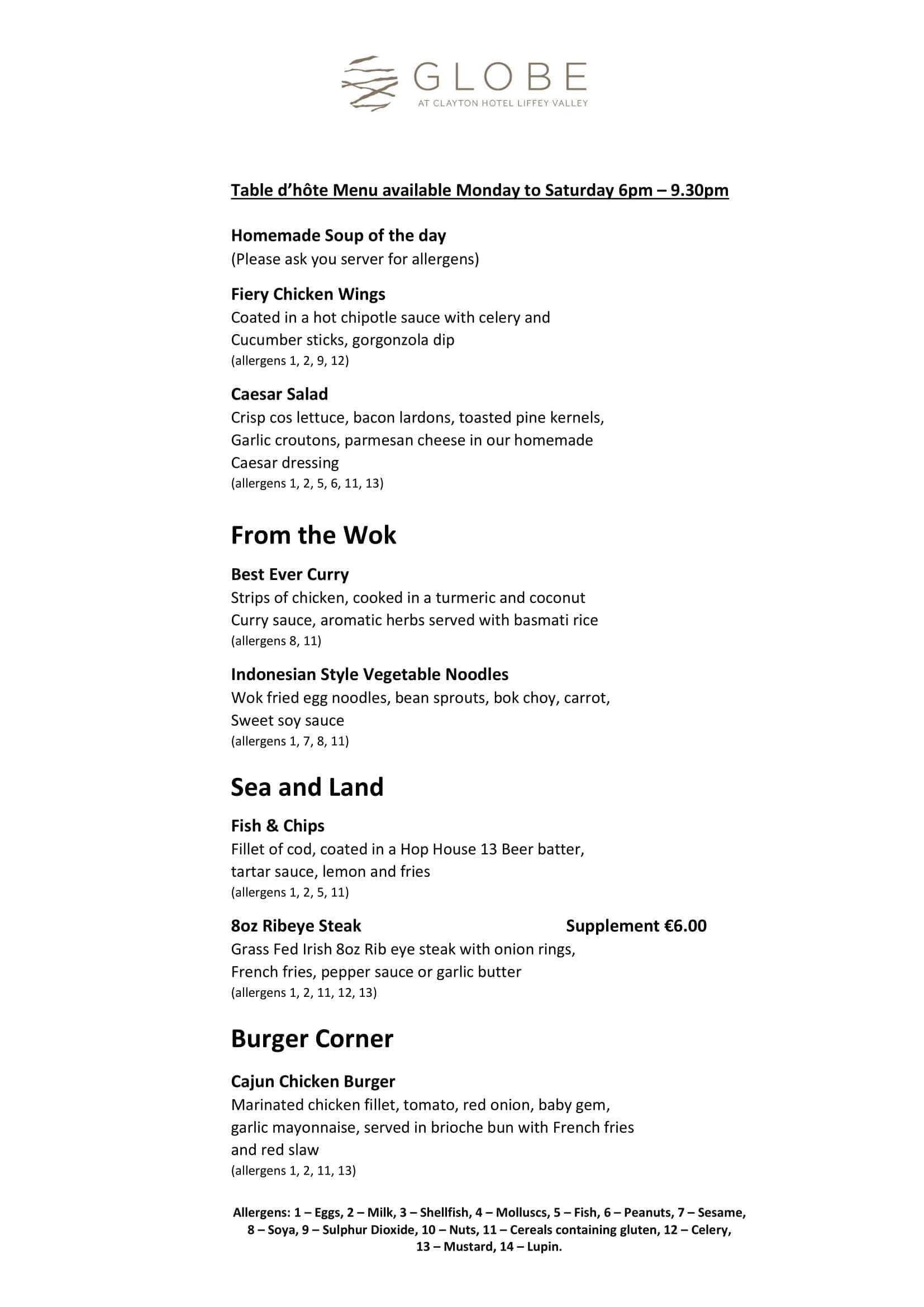 Menu at Clayton Hotel Liffey Valley pub & bar, Clondalkin