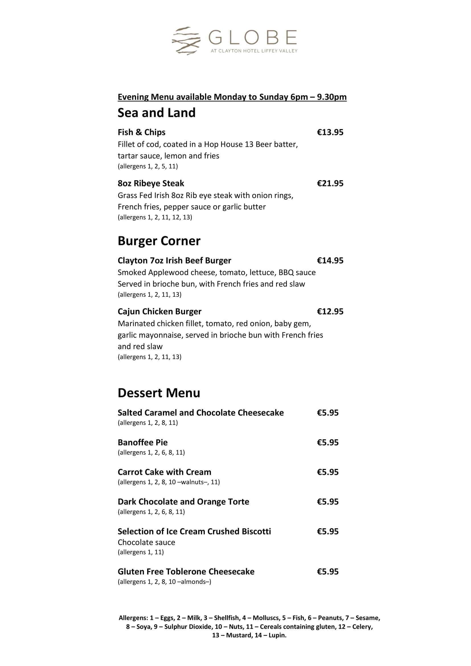 Menu at Clayton Hotel Liffey Valley pub & bar, Clondalkin