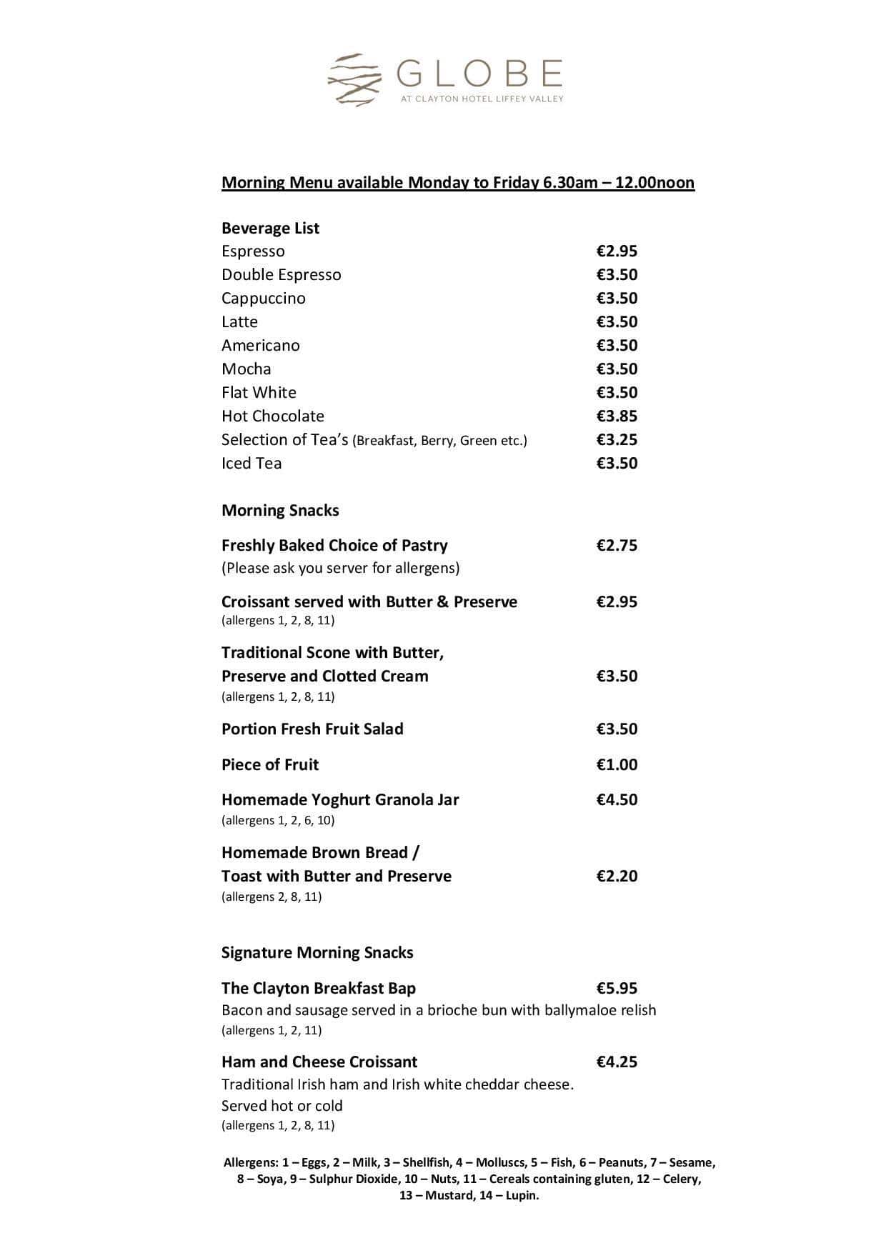 Menu at Clayton Hotel Liffey Valley pub & bar, Clondalkin