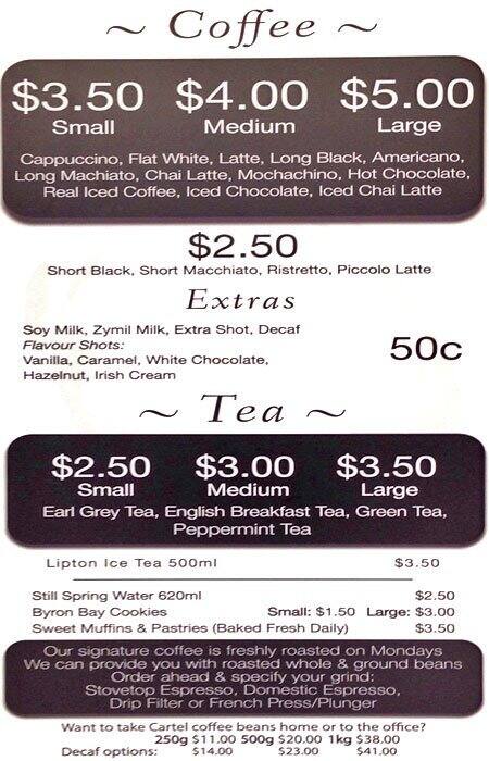 Menu at Cartel Coffee pub & bar, Brisbane City, Ground Floor