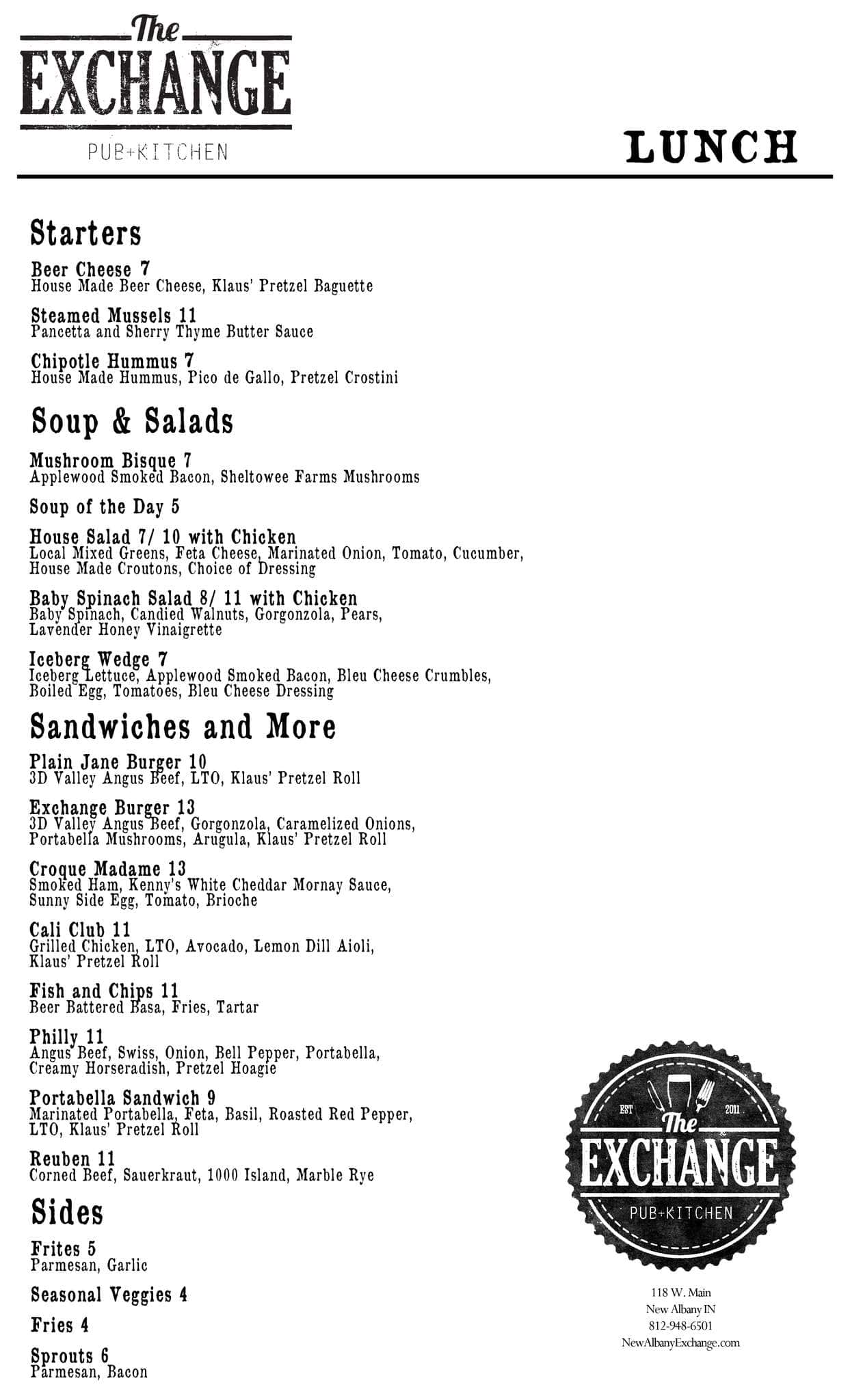 Menu at The Exchange Pub + Kitchen, New Albany