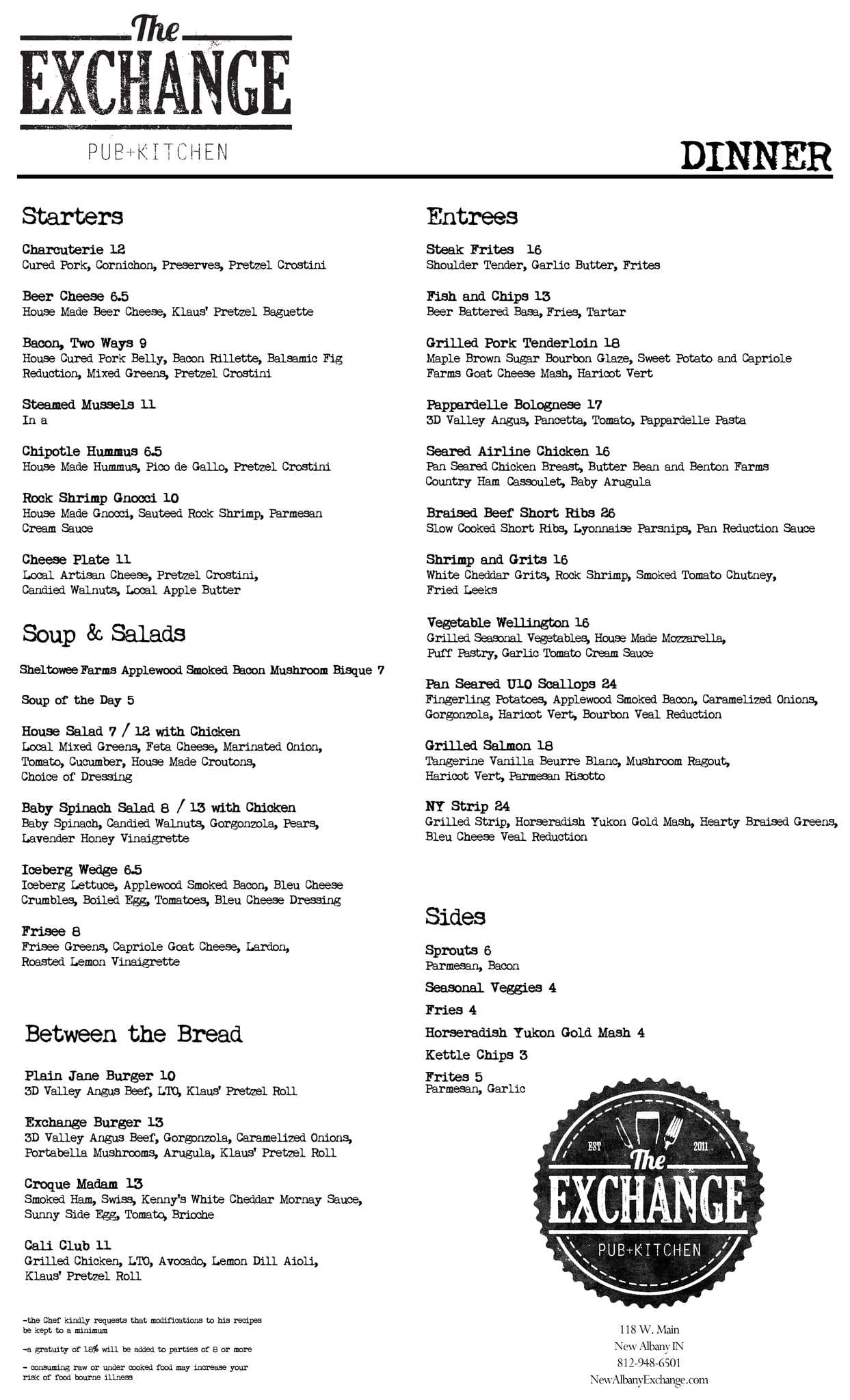 Menu at The Exchange Pub + Kitchen, New Albany