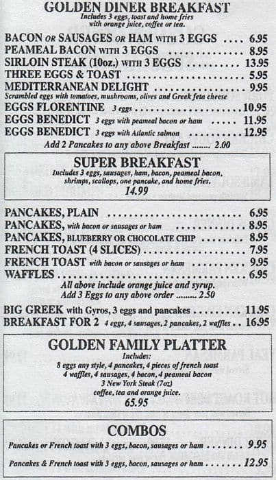 Menu at Golden Diner restaurant, Toronto