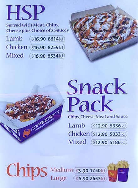 Menu at Origin Kebabs restaurant, Griffin