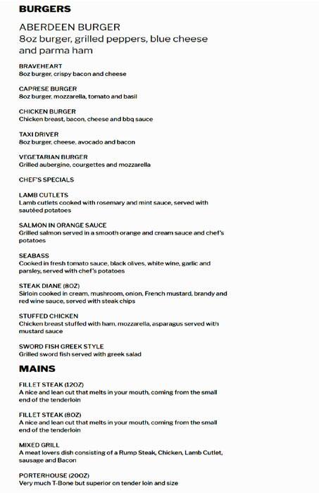 Menu at Aberdeen Steak House steakhouse, Brighton