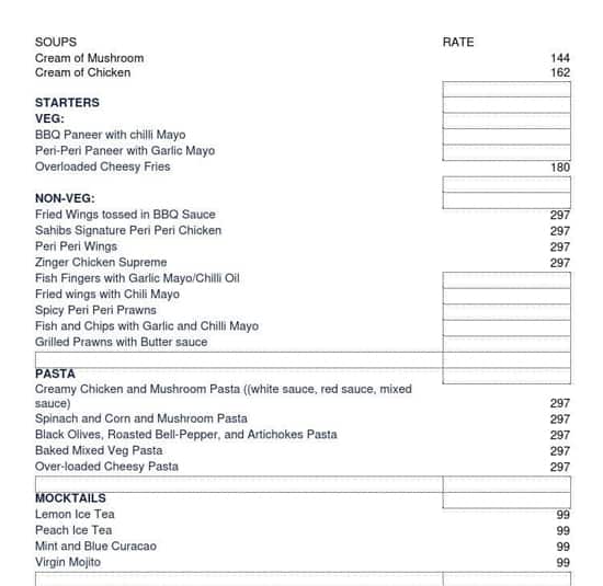 Menu of Sahib's Brick Oven Pizza, Kondapur, Hyderabad