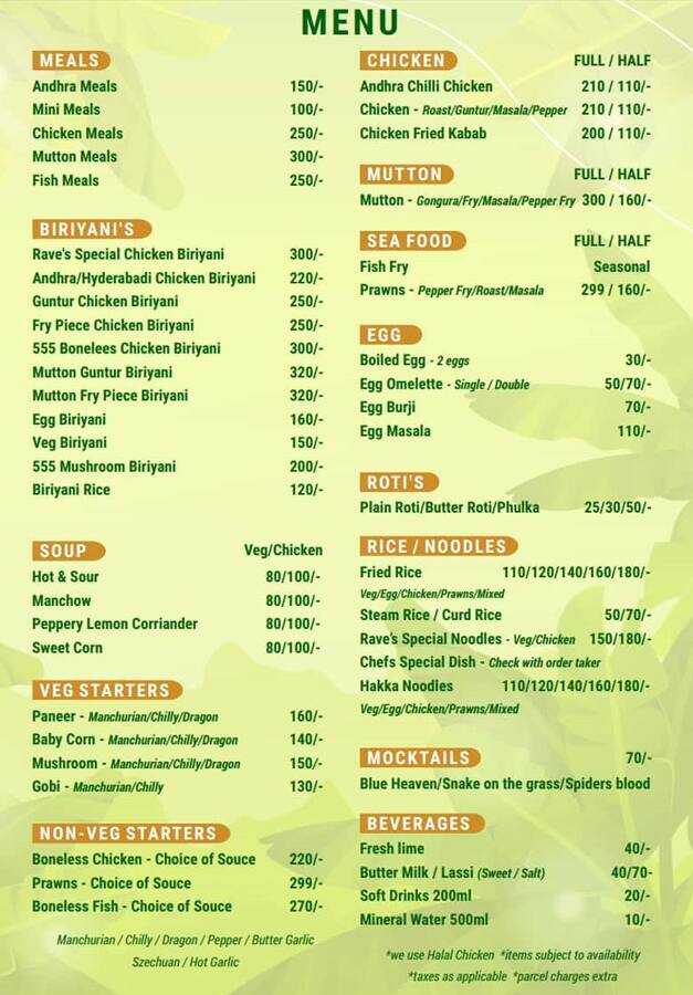 Menu of Rave's Kitchen, Koramangala 6th Block, Bangalore