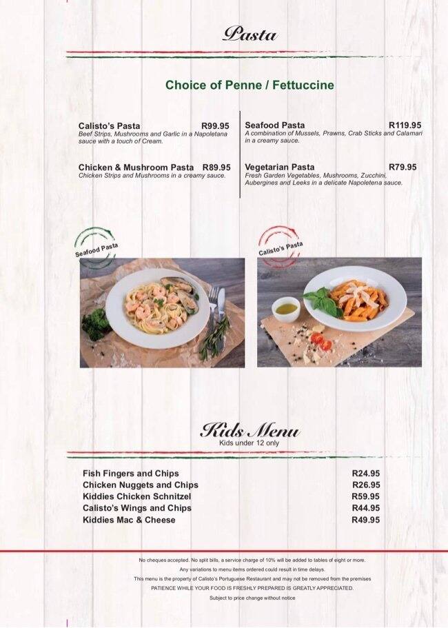 Menu at Calisto's Portuguese Restaurant Fordsburg, Johannesburg