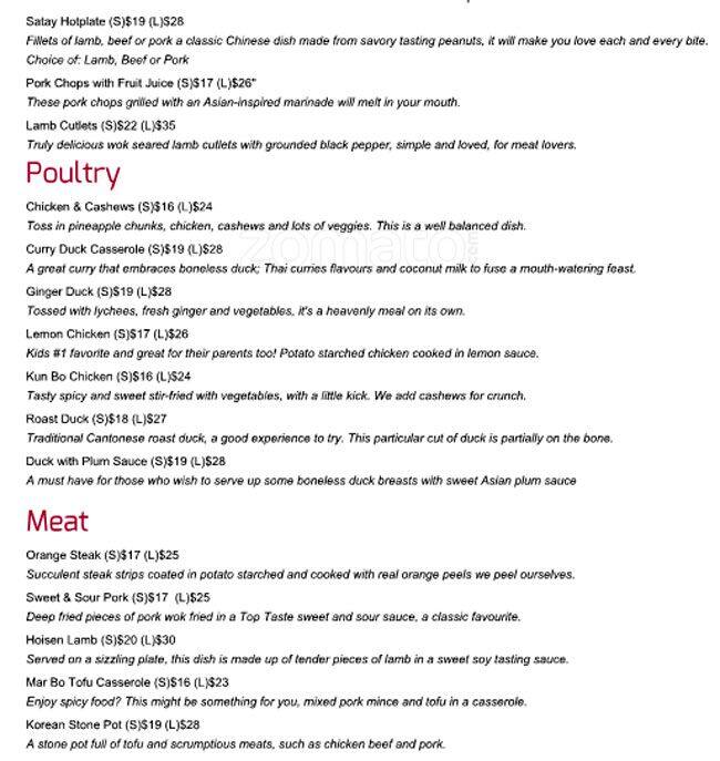 Menu at Top Taste Restaurant, Porirua