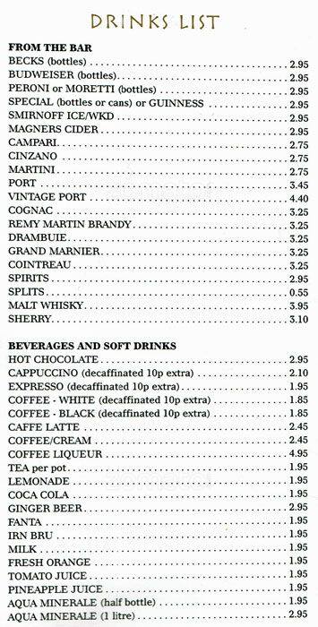 Menu at La Rusticana restaurant, Edinburgh, 90 Hanover St