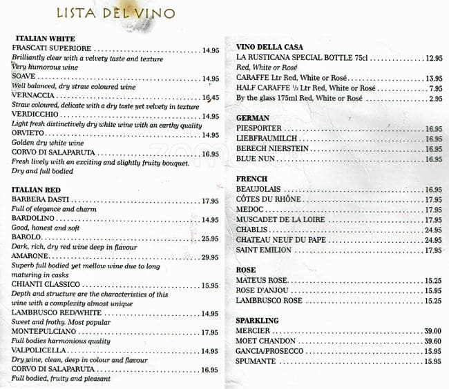 Menu at La Rusticana restaurant, Edinburgh, Hobart House