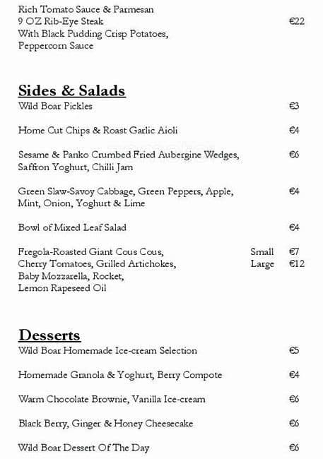 Menu at The Wild Boar Pub, Stepaside, Dublin 18, Dublin
