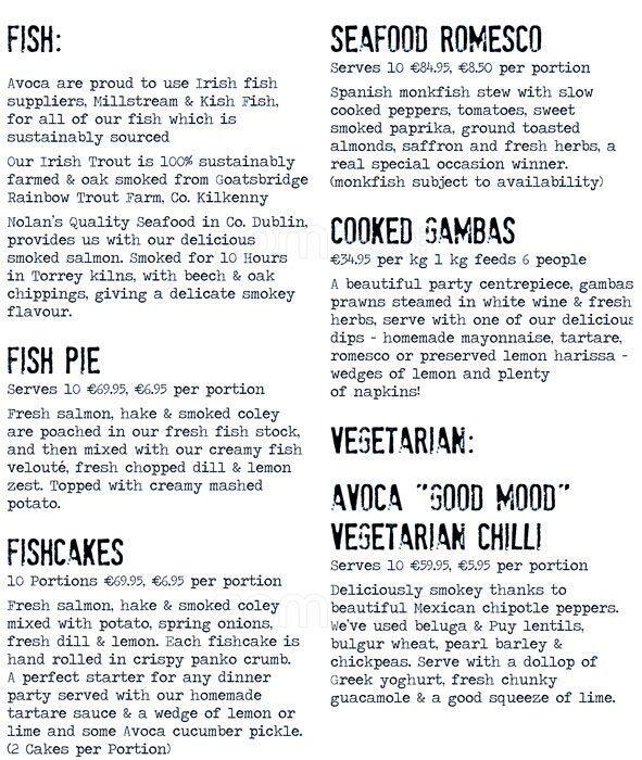 Menu at Avoca Malahide cafe, Malahide, Malahide Castle & Gardens