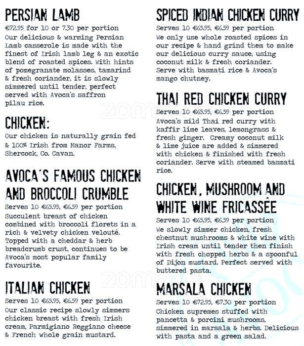 Menu at Avoca Malahide cafe, Malahide, Malahide Castle & Gardens