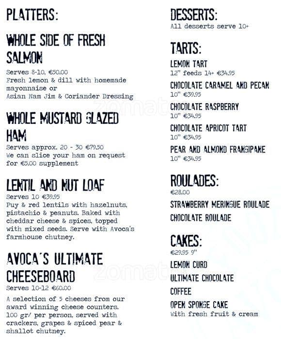 Menu at Avoca Malahide cafe, Malahide, Malahide Castle & Gardens