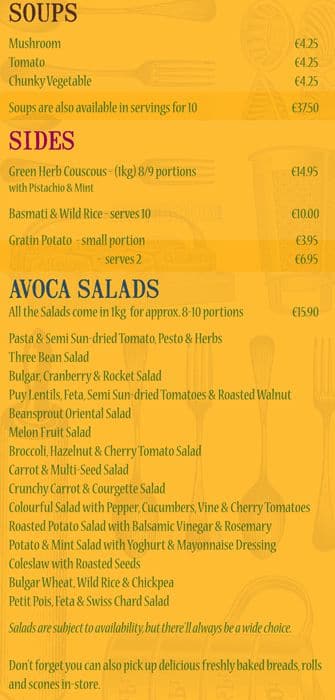 Menu at Avoca Malahide cafe, Malahide, Malahide Castle & Gardens