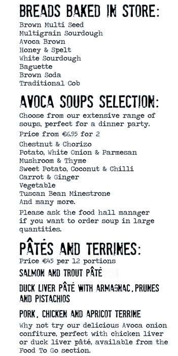 Menu at Avoca Malahide cafe, Malahide, Malahide Castle & Gardens