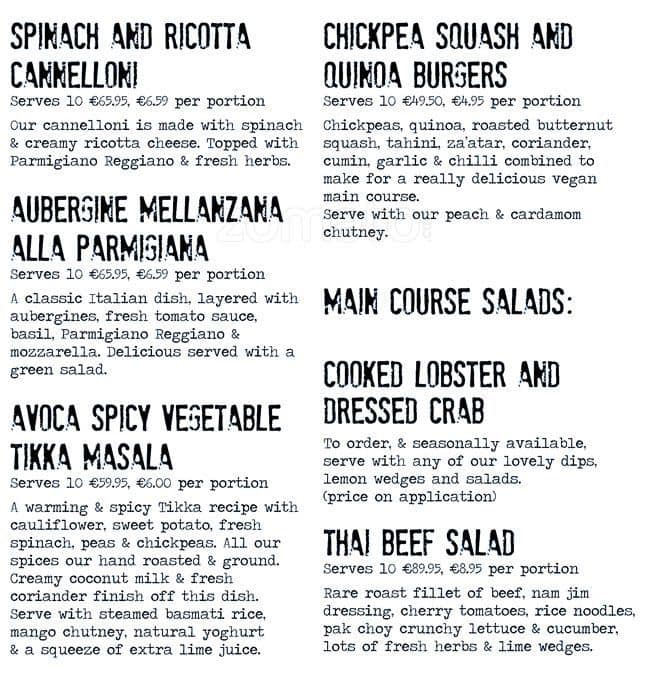 Menu at Avoca Malahide cafe, Malahide, Malahide Castle & Gardens