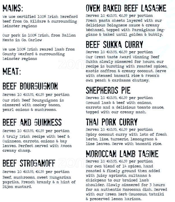 Menu at Avoca Malahide cafe, Malahide, Malahide Castle & Gardens