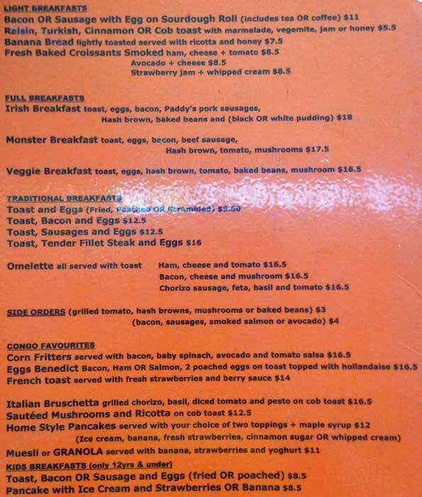 Menu at Cafe Congo, Coogee