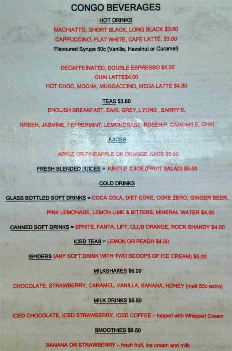 Menu at Cafe Congo, Coogee